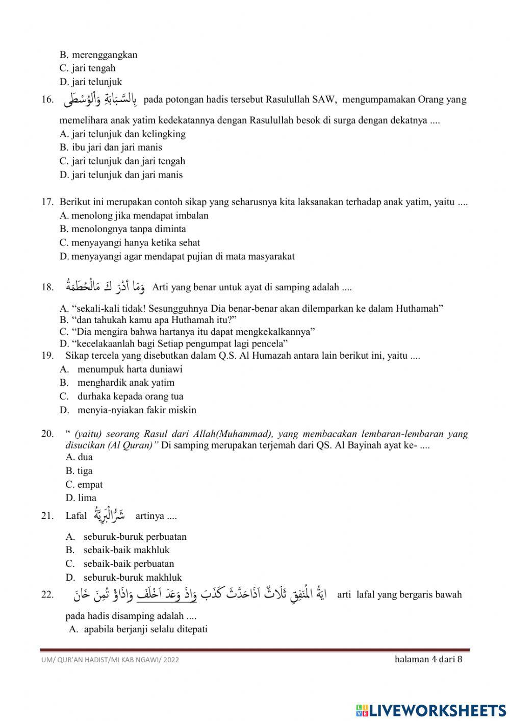 Qur'an hadits exercise | Live Worksheets