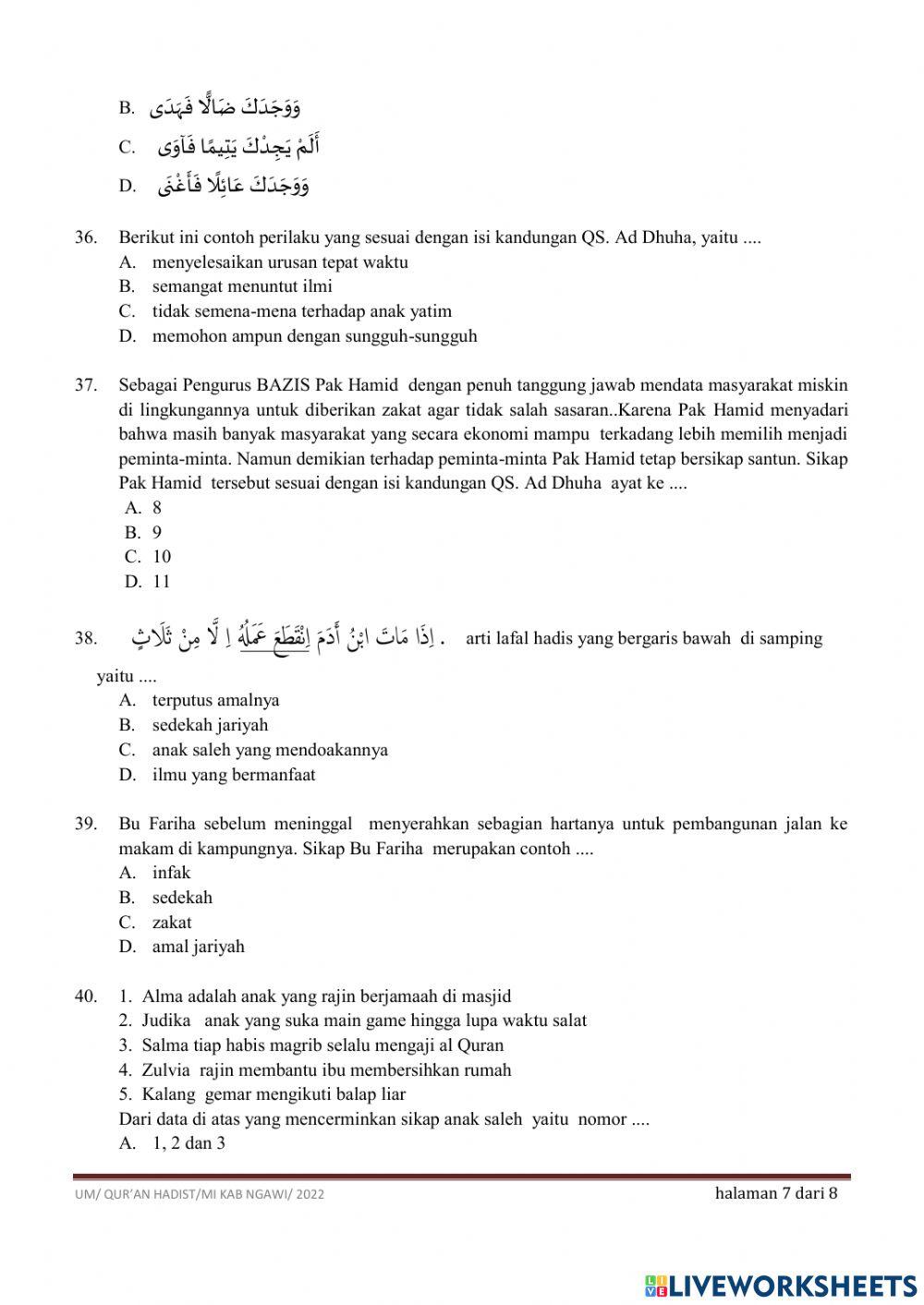 Qur'an hadits exercise | Live Worksheets
