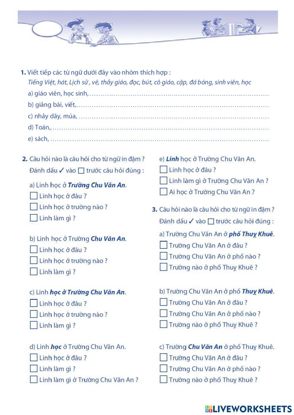 TTV1-4 Bài tập worksheet | Live Worksheets