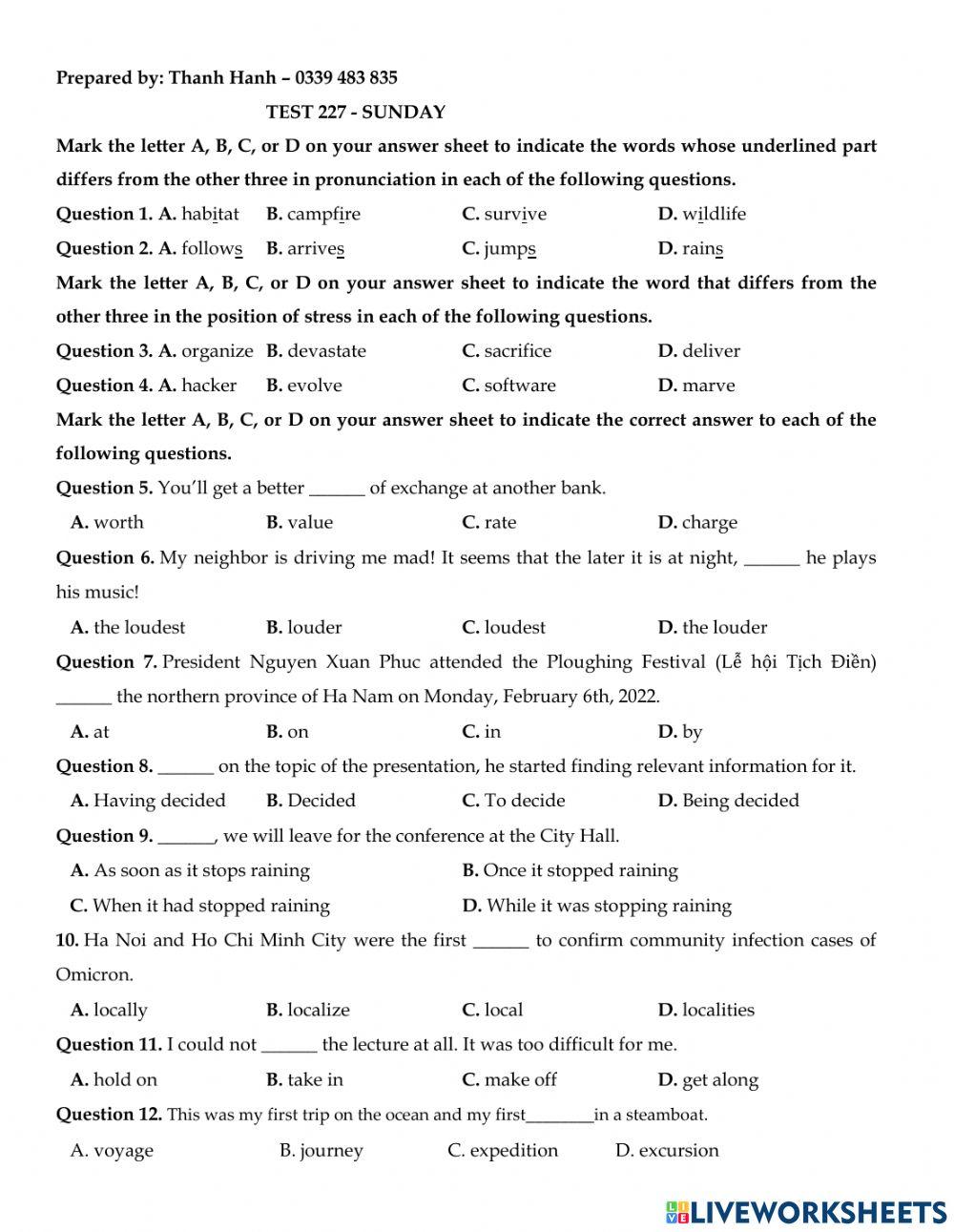 Test 227 chu nhat worksheet | Live Worksheets