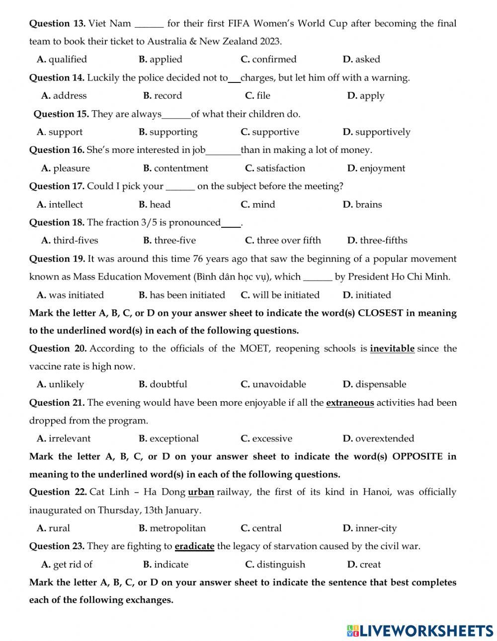 Test 227 chu nhat worksheet | Live Worksheets