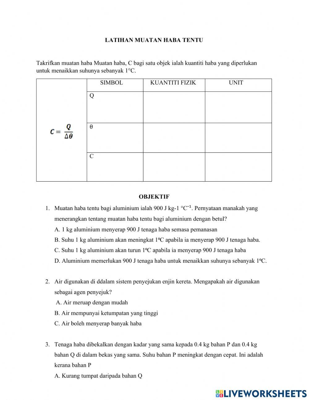 Muatan haba tentu exercise | Live Worksheets