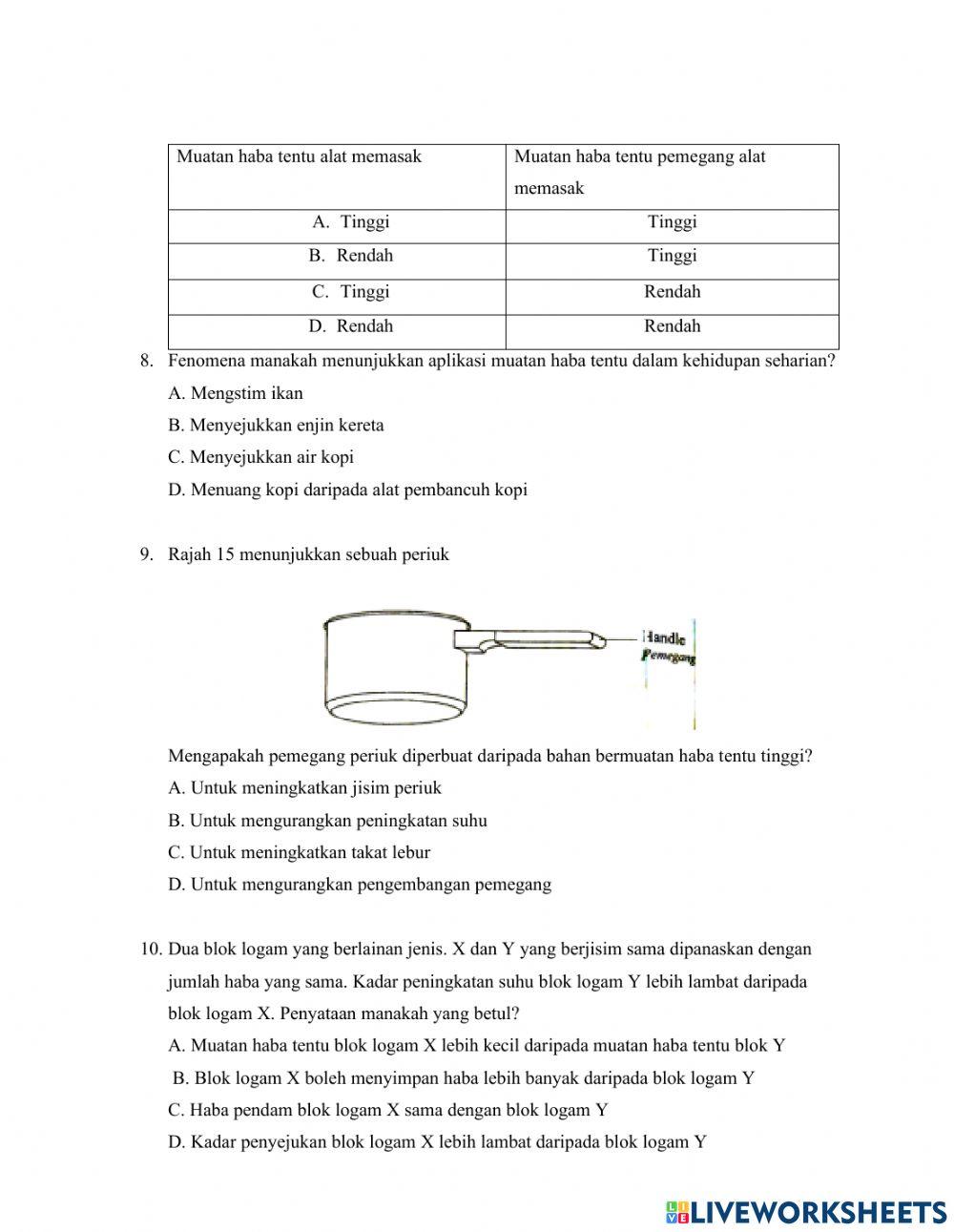 Muatan haba tentu exercise | Live Worksheets