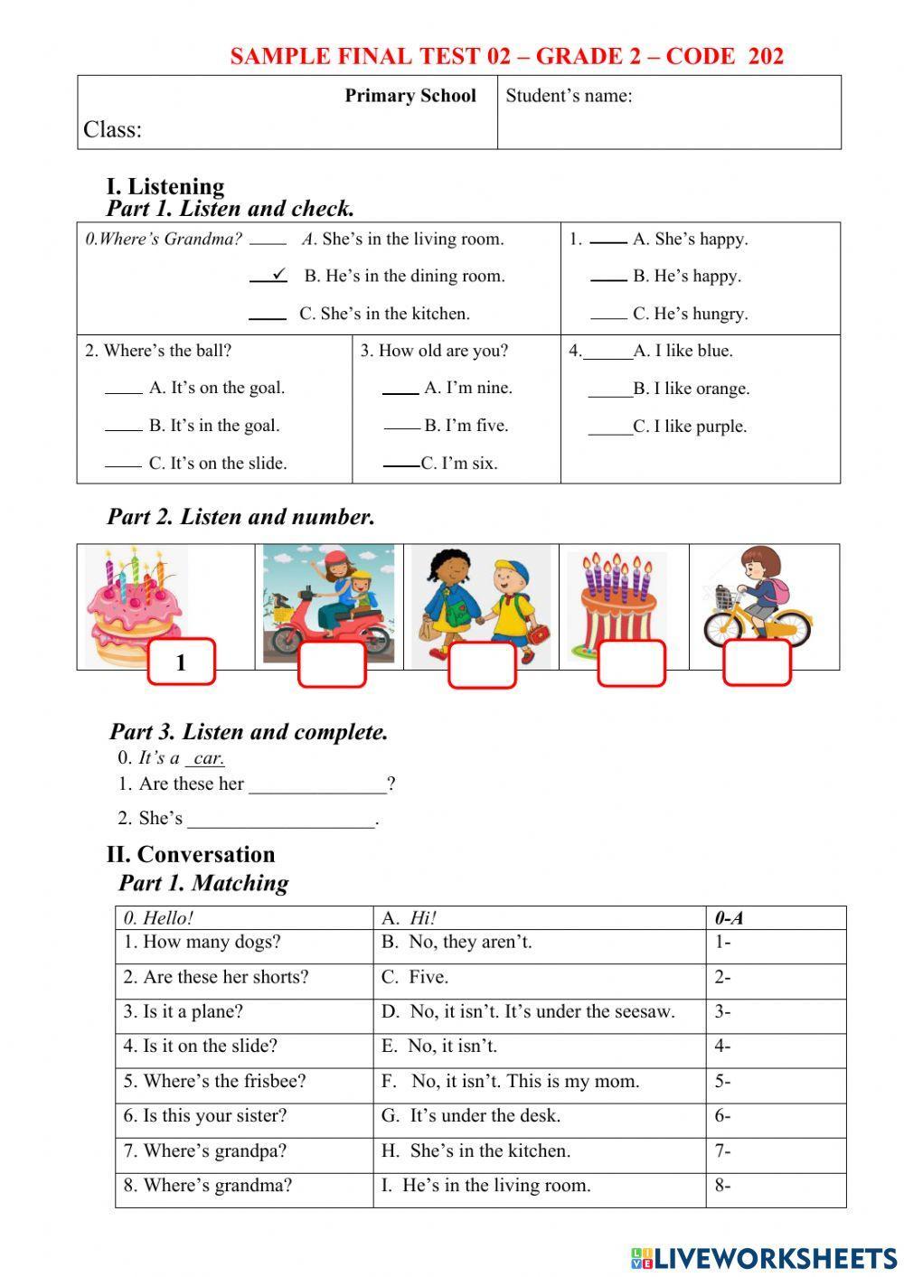 ĐỀ THI THỬ SỐ 2 - LỚP 2 EXTRA online exercise for | Live Worksheets