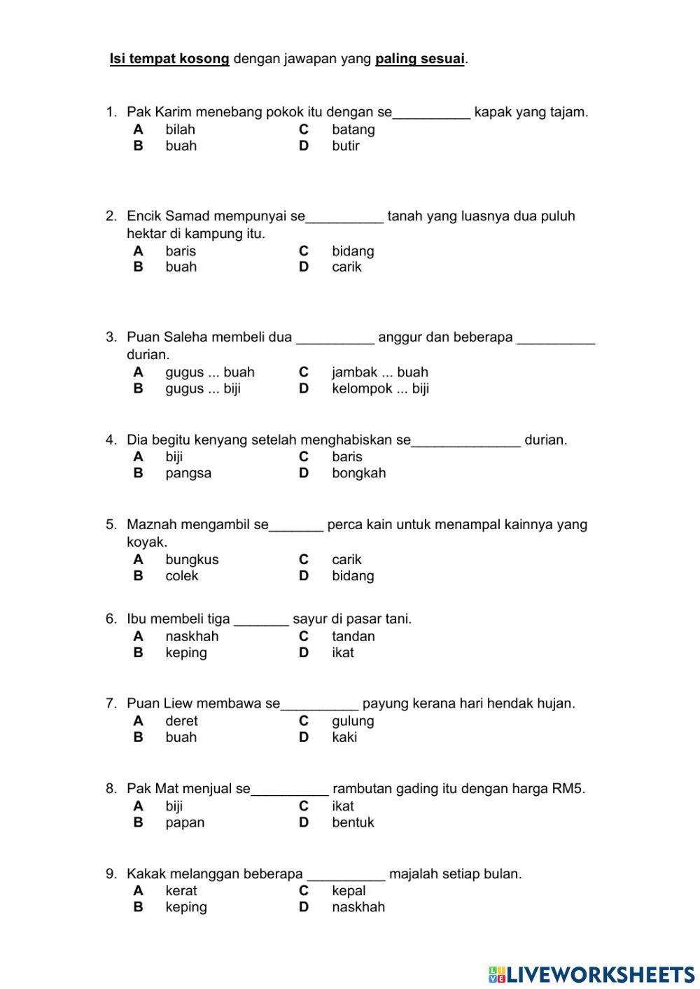 Latihan Penjodoh Bilangan Interactive Activity Live Worksheets