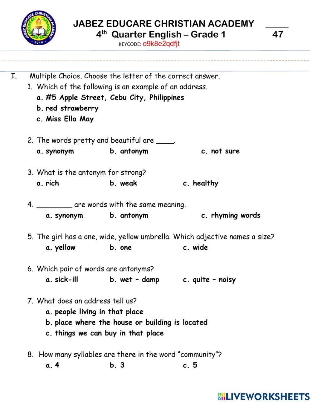 Grade 1 - 4th Q… | Free Interactive Worksheets | 2036055
