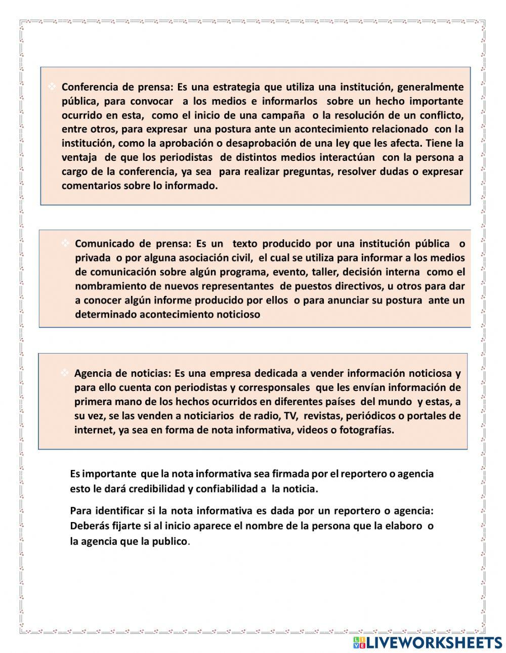 Lee y compara notas informativas interactive worksheet | Live Worksheets
