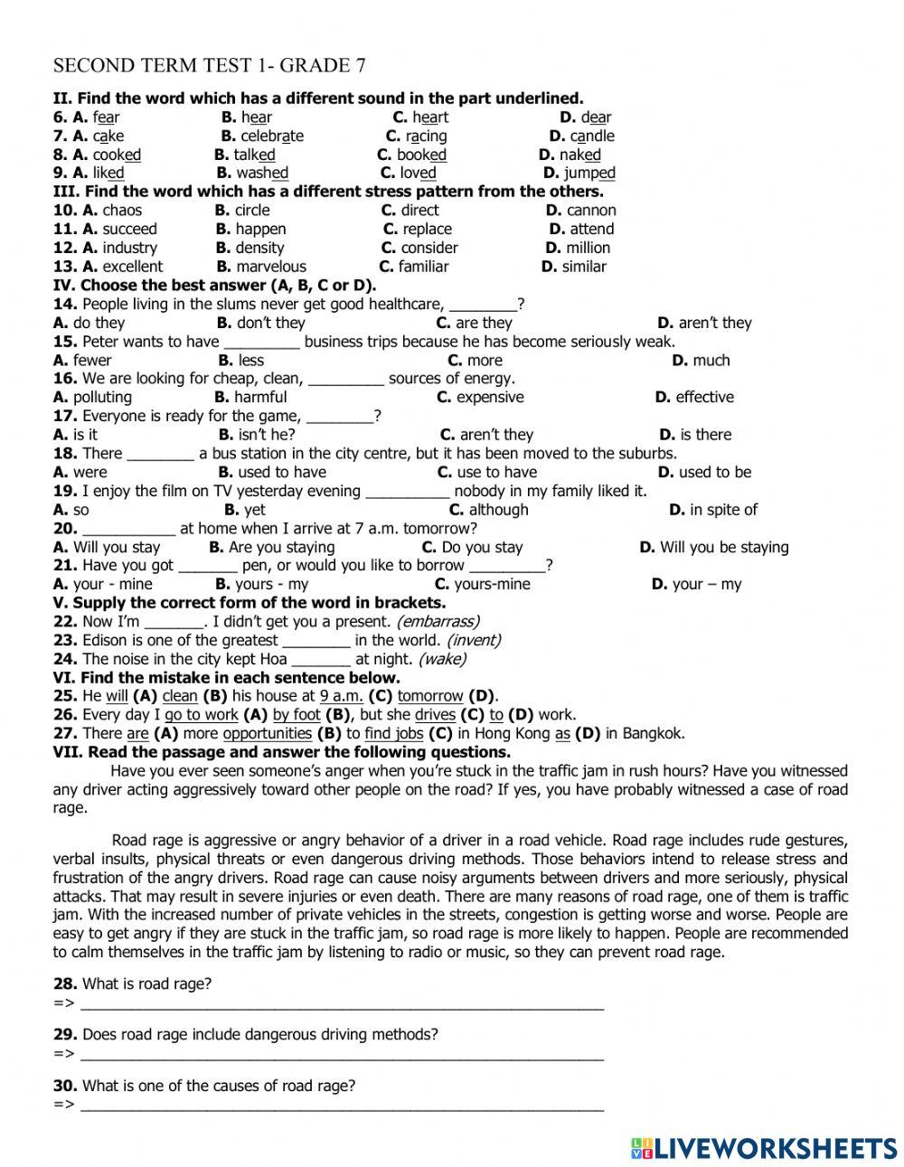 Second term test 1 grade 7 worksheet | Live Worksheets
