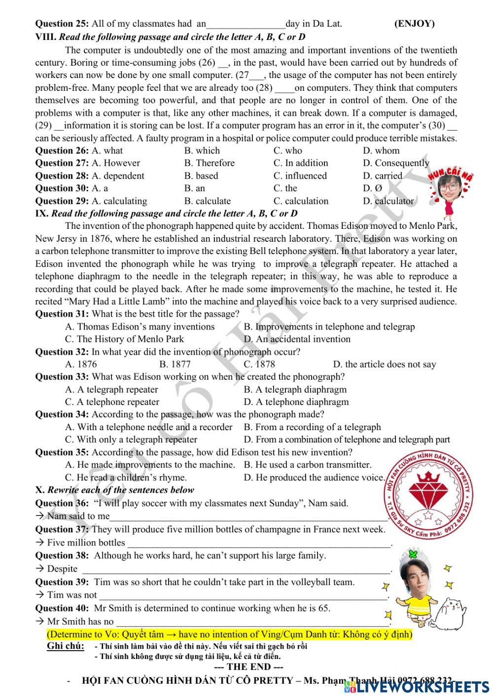 Mh7 2037049 | Phạm Thanh Hải | Live Worksheets