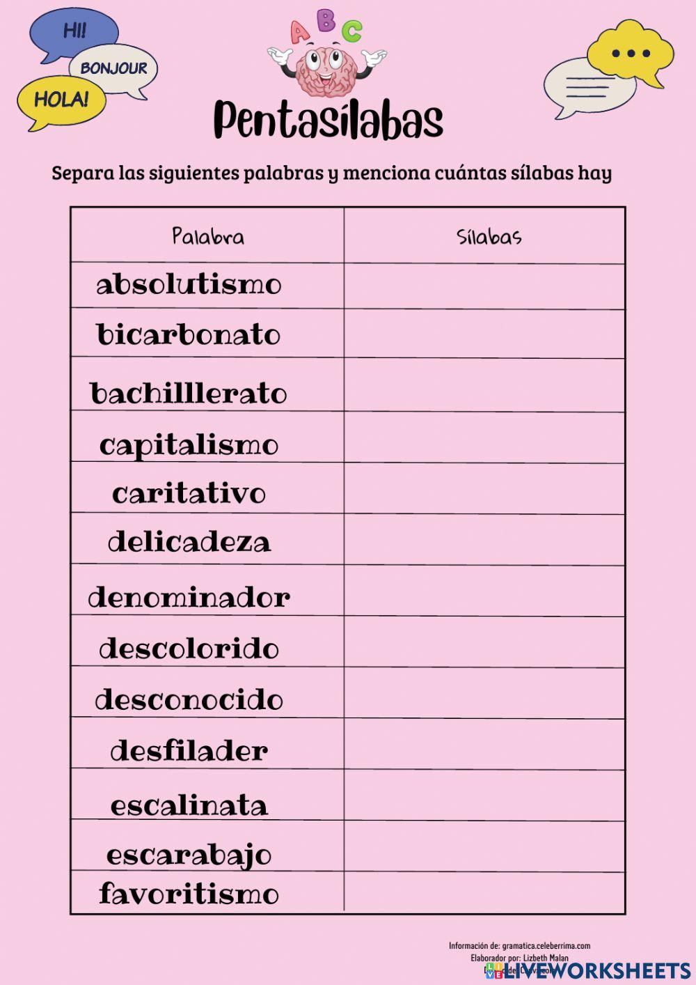 Pentasílabas worksheet | Live Worksheets