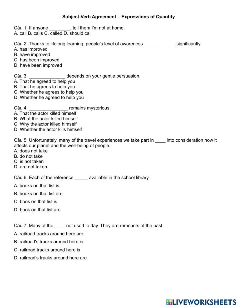 Subjects and verb agreement (Expressions of quantity) online exercise ...