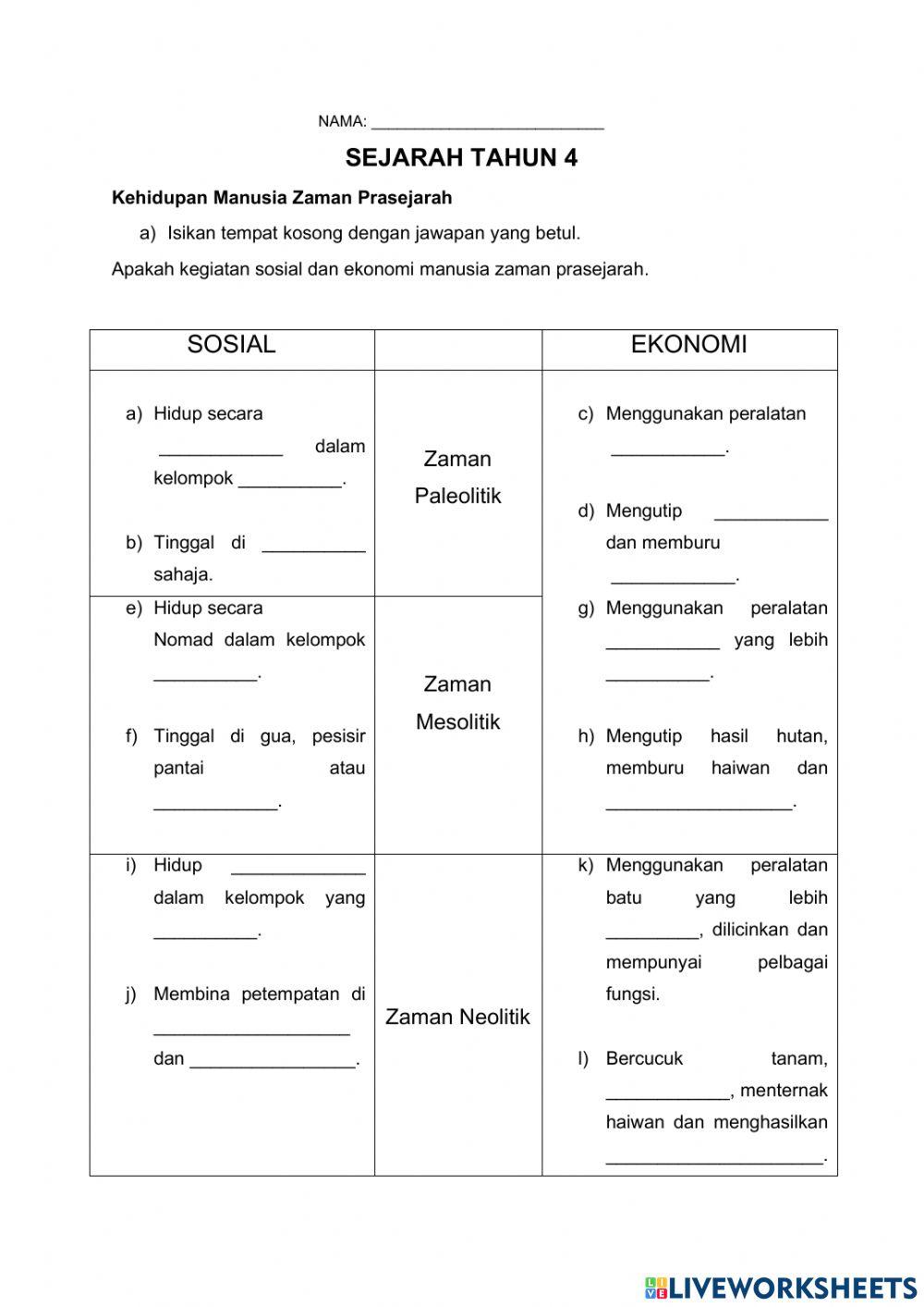 Zaman Prasejarah online pdf worksheet | Live Worksheets