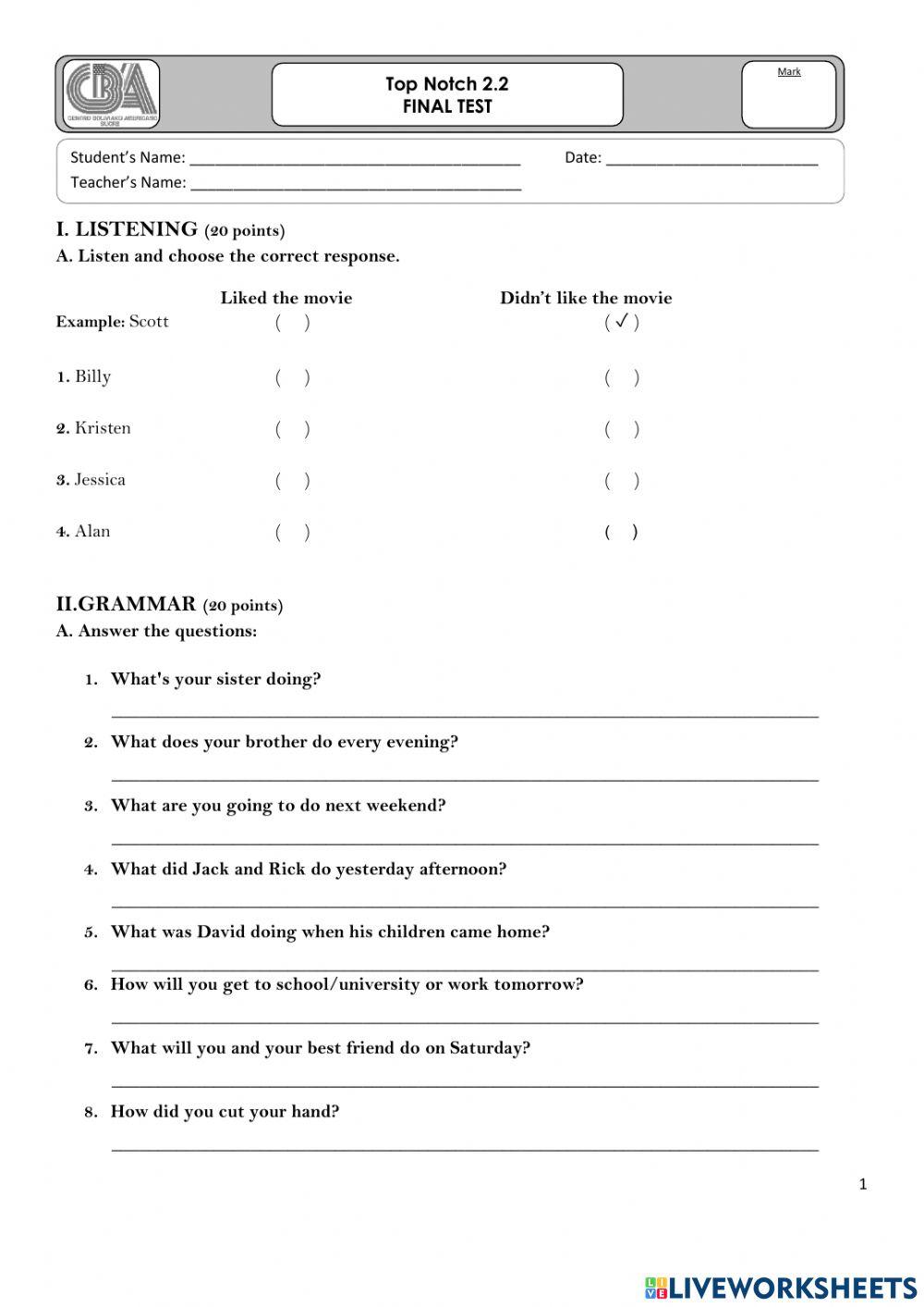 TOP NOTCH 2.2 - FINAL TEST online exercise for | Live Worksheets