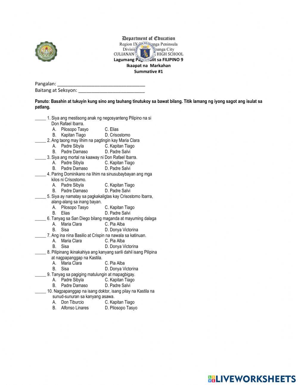 filipino 9 4th quarter -s1 online exercise for | Live Worksheets