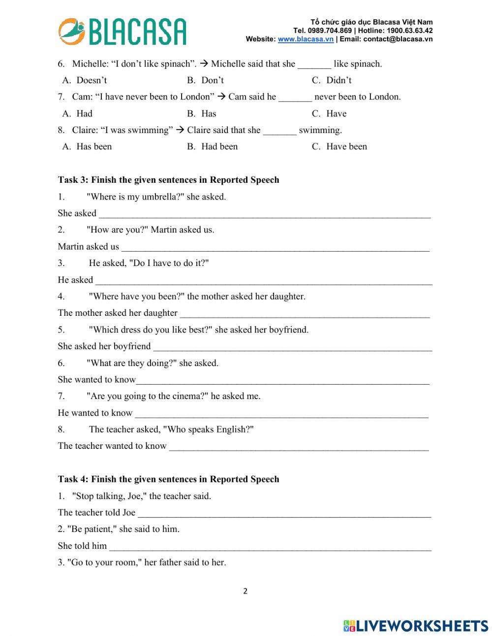 reported speech online exercise for | Live Worksheets