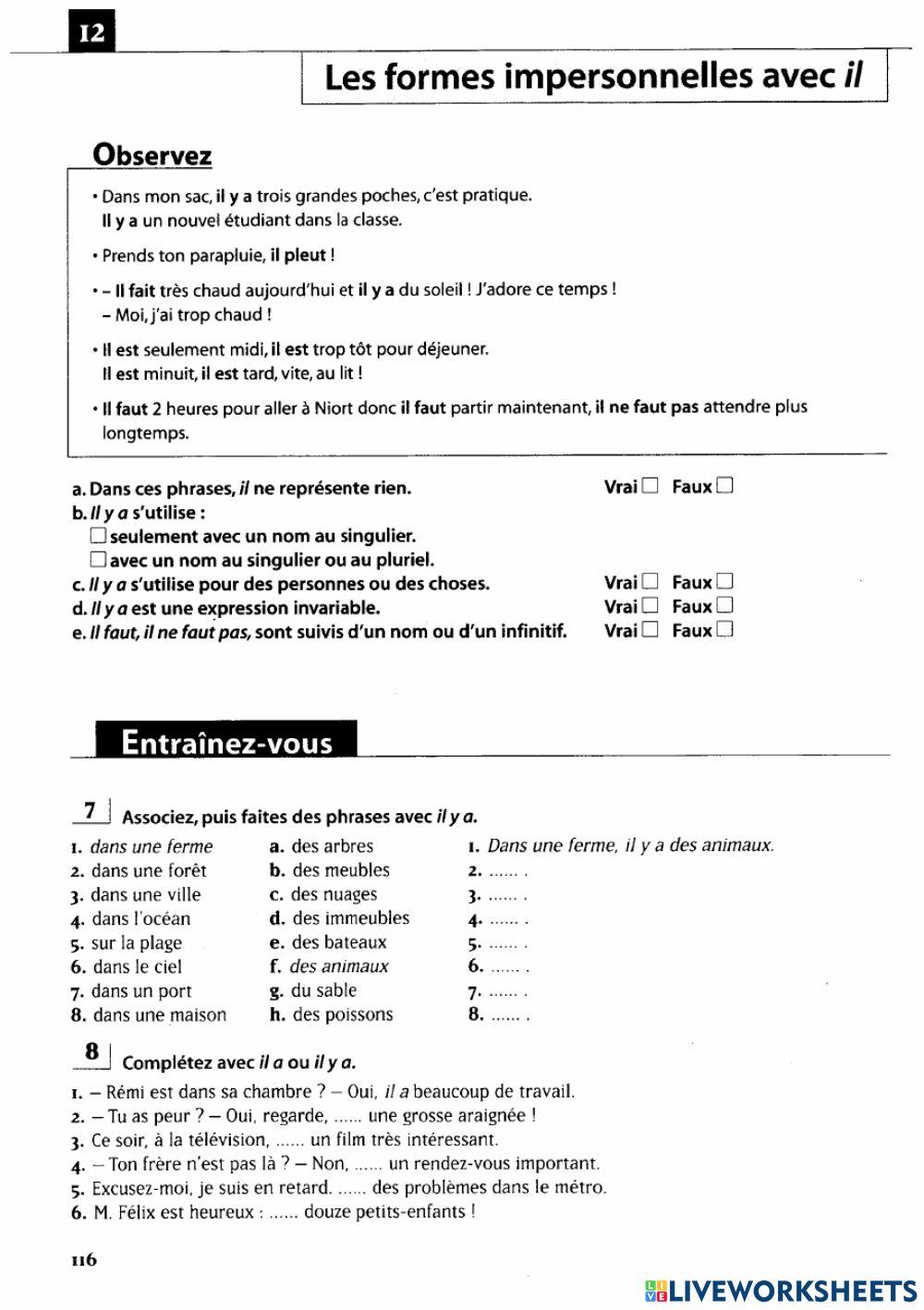 les formes impersonnelles avec il online exercise for | Live Worksheets