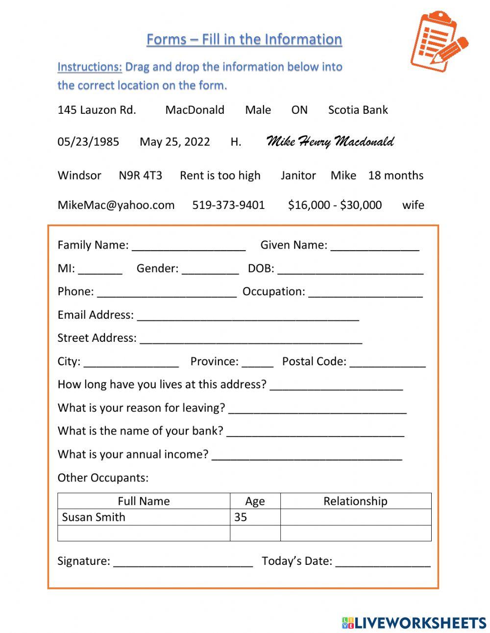 House Rental Form worksheet | Live Worksheets