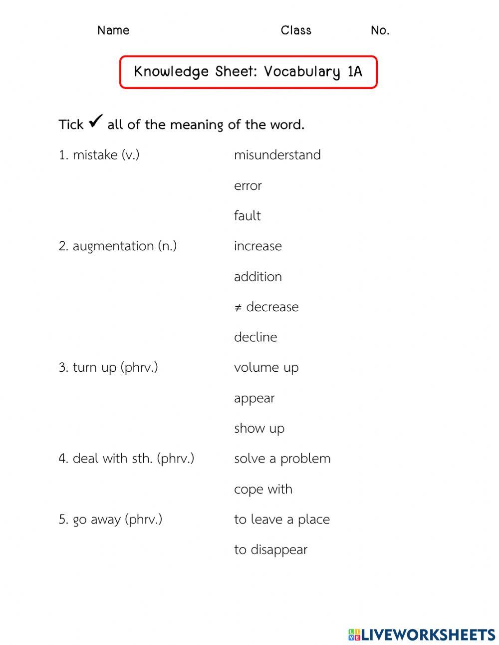 Vocabulary 1A online exercise for | Live Worksheets