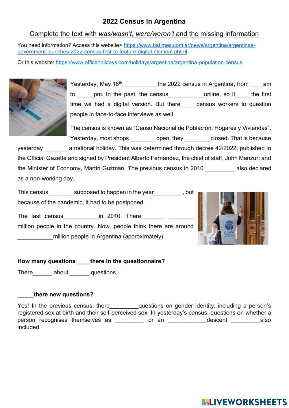 Argentinian Census 2022 worksheet | Live Worksheets