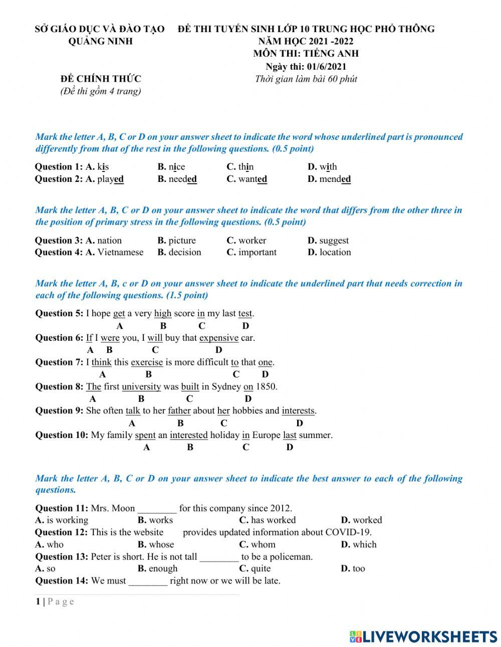 Entrance exams for Grade 10 worksheet | Live Worksheets