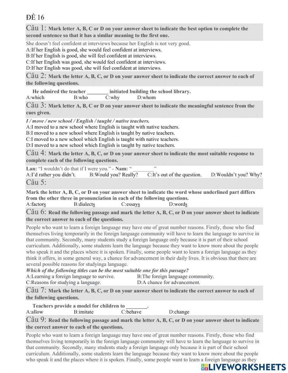 Đề 16 worksheet | Live Worksheets