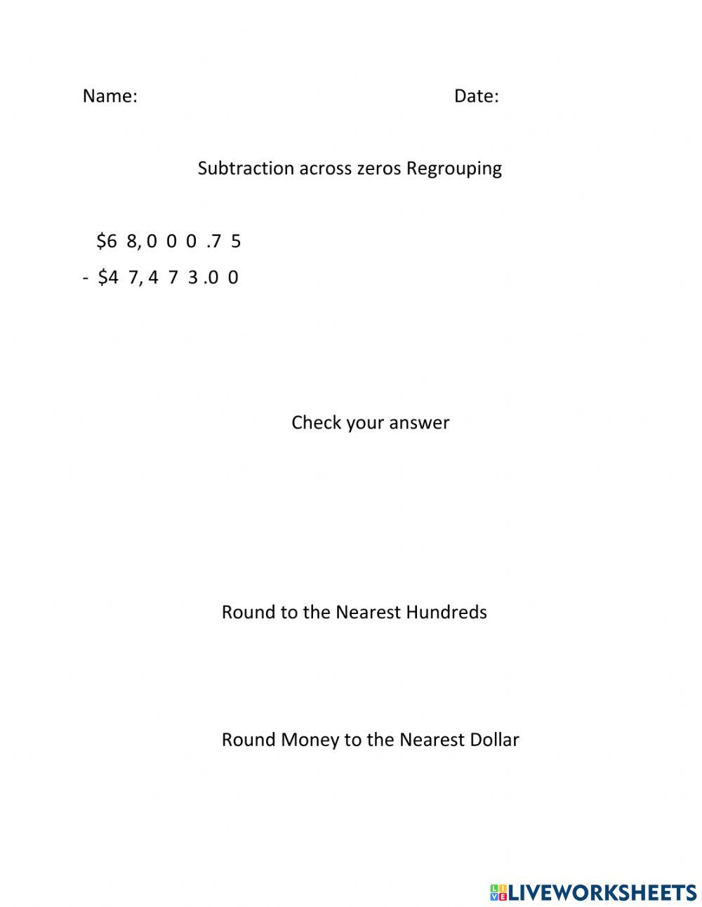 Subtraction Across Zero Worksheet | Stradine | Live