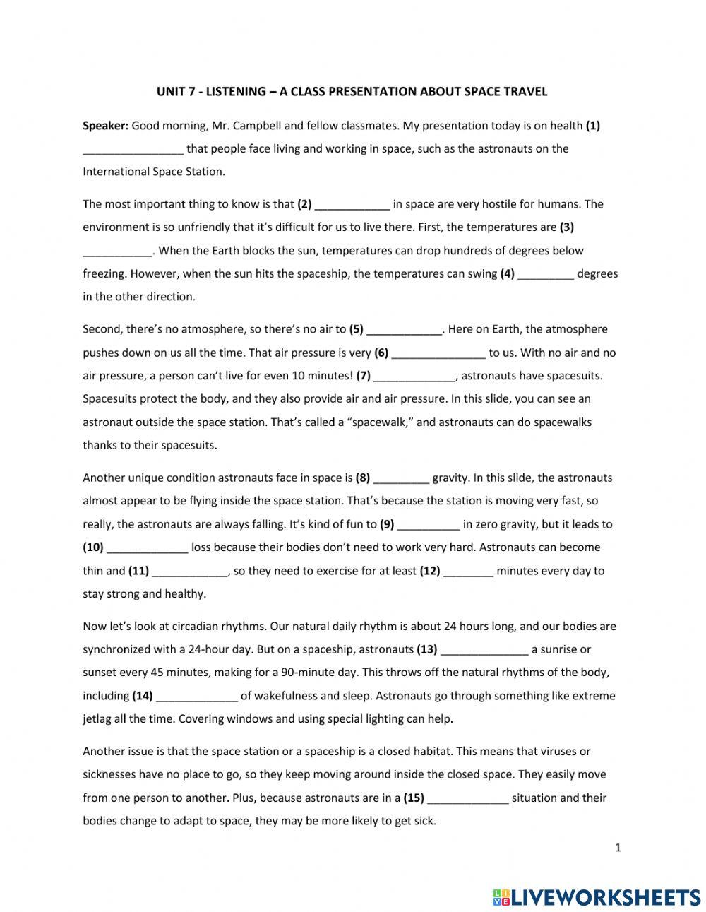 L-S Pathways 1-Unit 7-A class presentation about space travel online exercise for | Live Worksheets