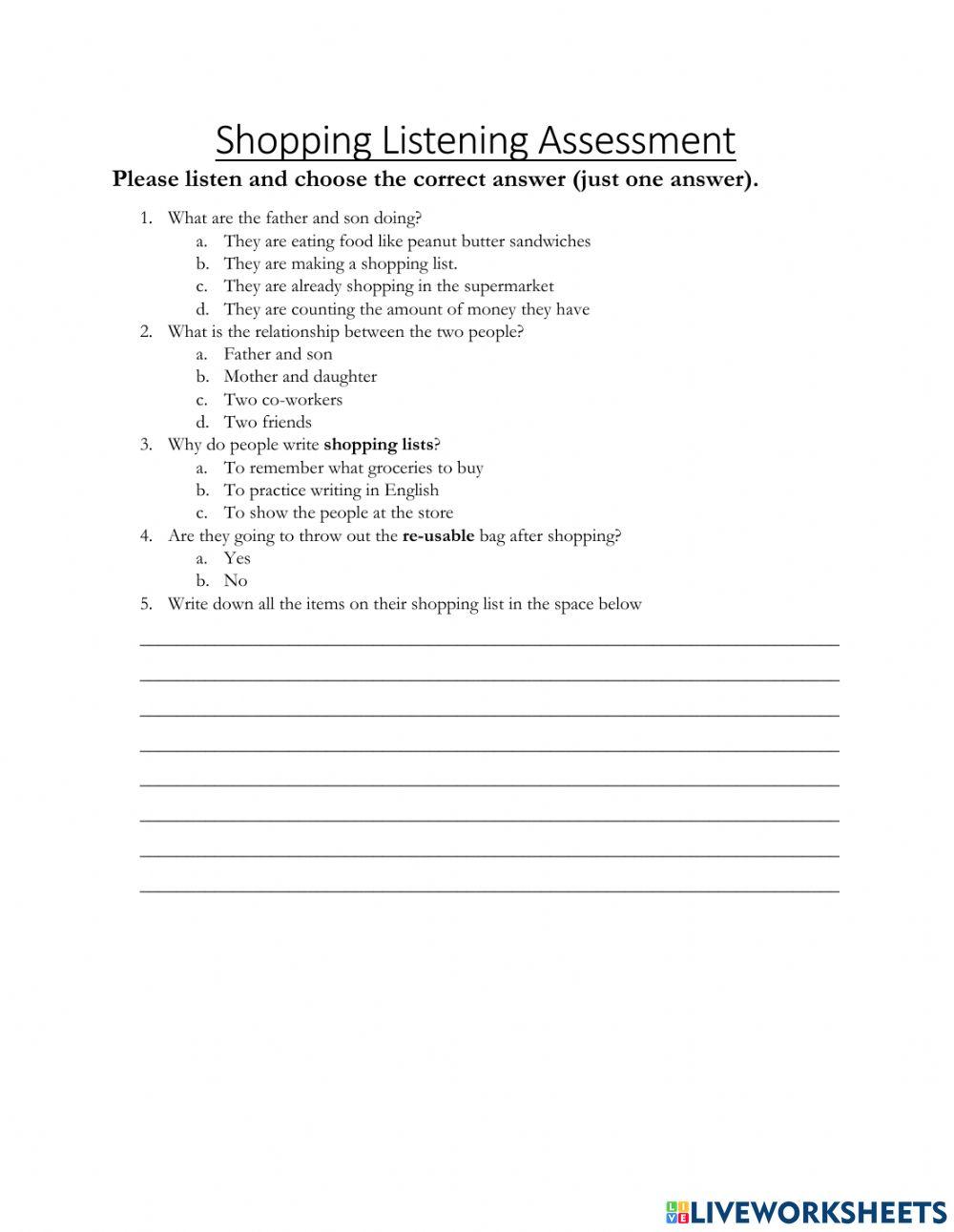 LIII Shopping List Assessment L4 worksheet | Live Worksheets