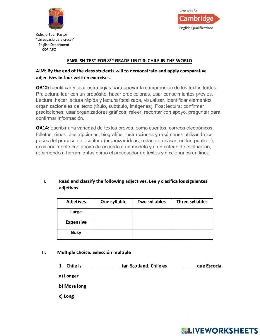 English test Octavo worksheet | Live Worksheets