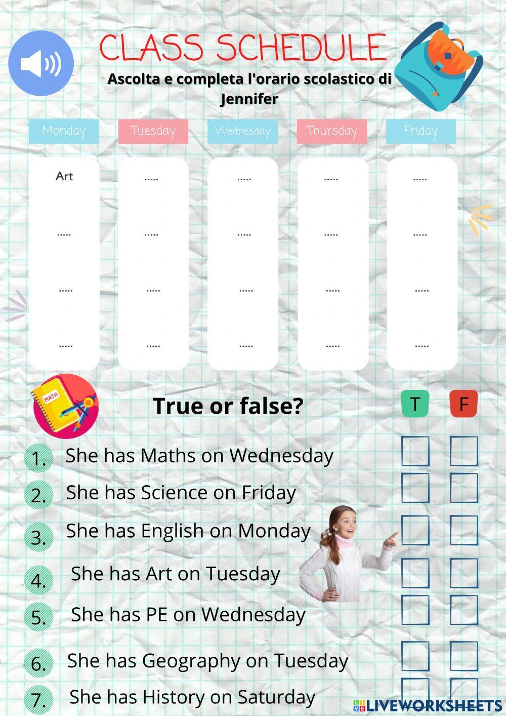 School subject and time worksheet | Live Worksheets