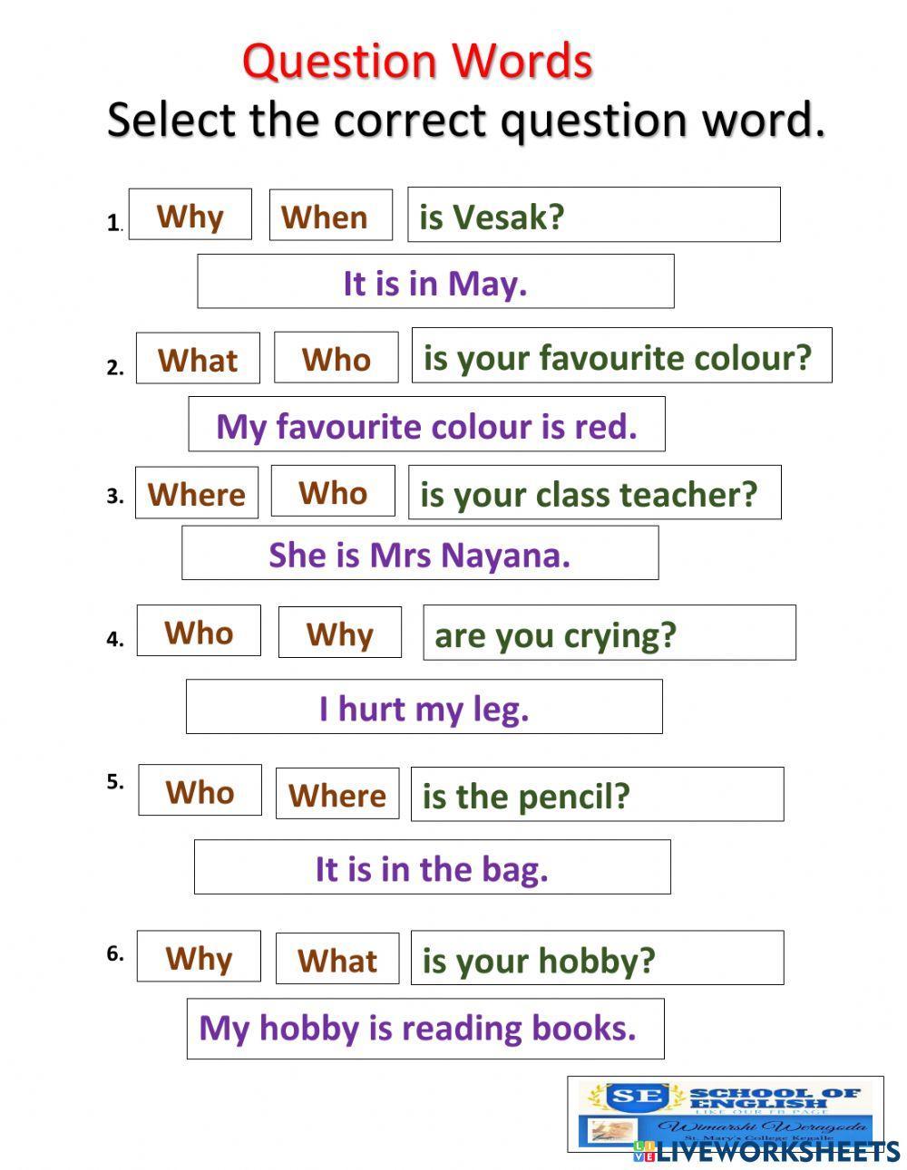 Question Words online exercise for Primary | Live Worksheets