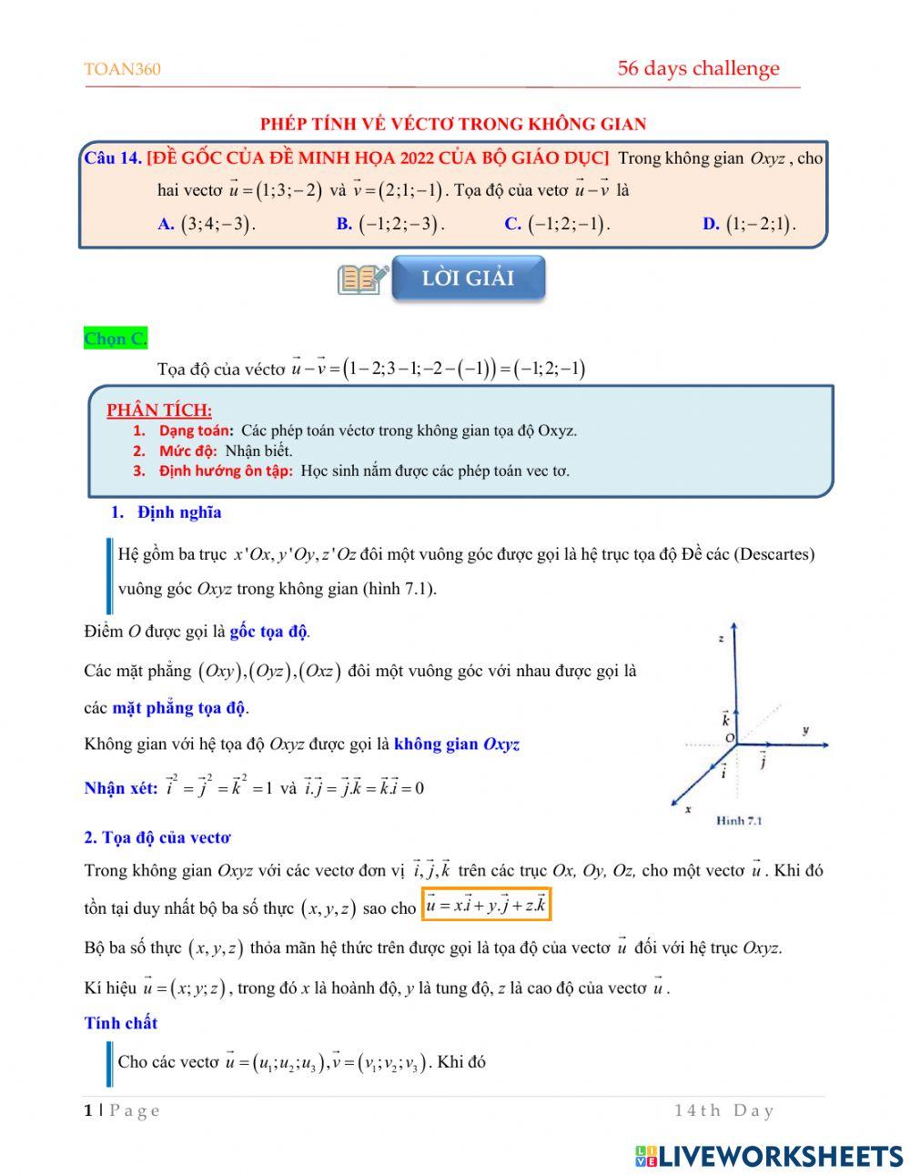 Các phép toán véc tơ trong KG worksheet | Live Worksheets