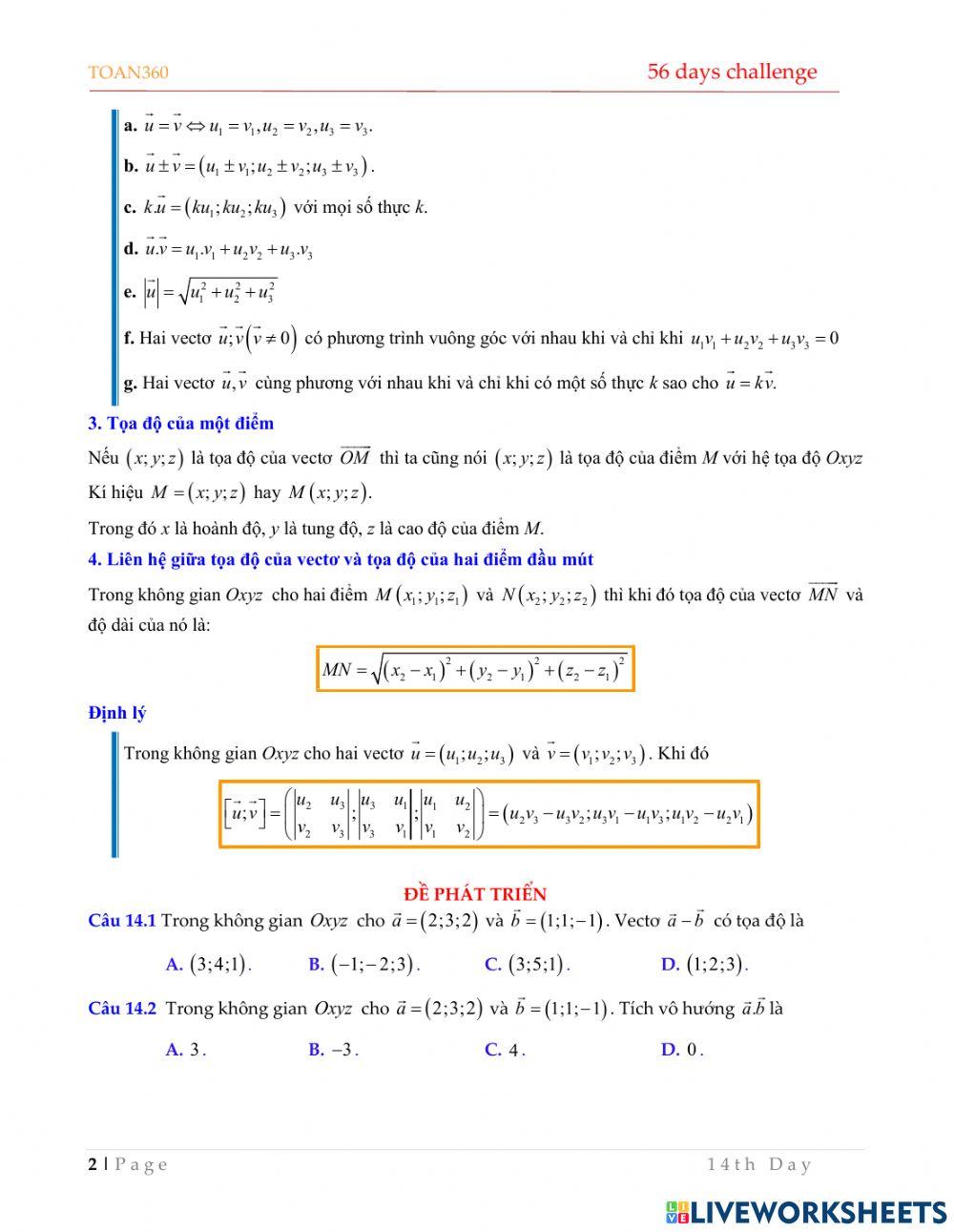 Các phép toán véc tơ trong KG worksheet | Live Worksheets