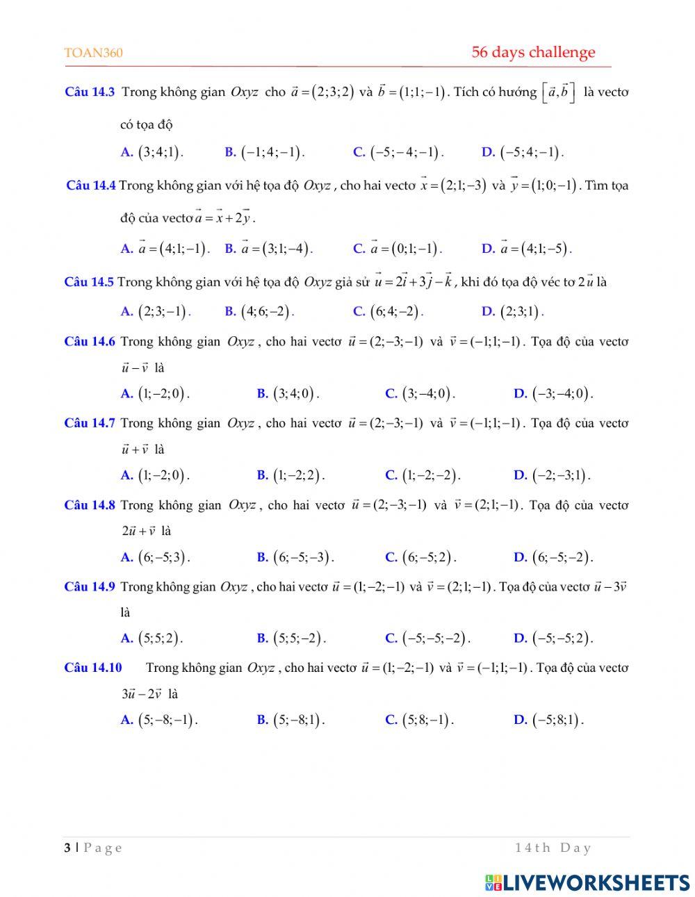 Các phép toán véc tơ trong KG worksheet | Live Worksheets