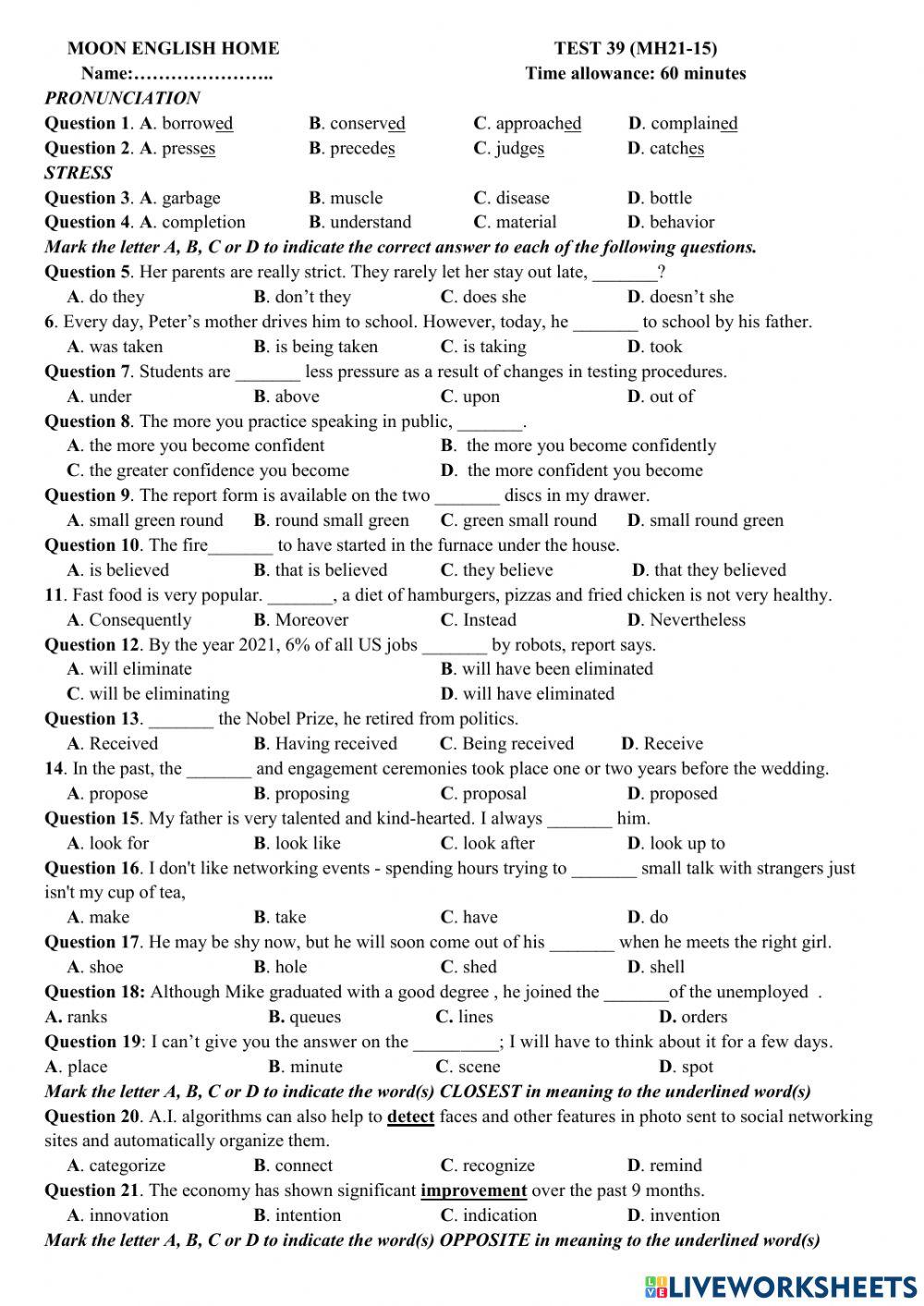 Grade 12- Test 39 2043210 | moonenglish123 | Live