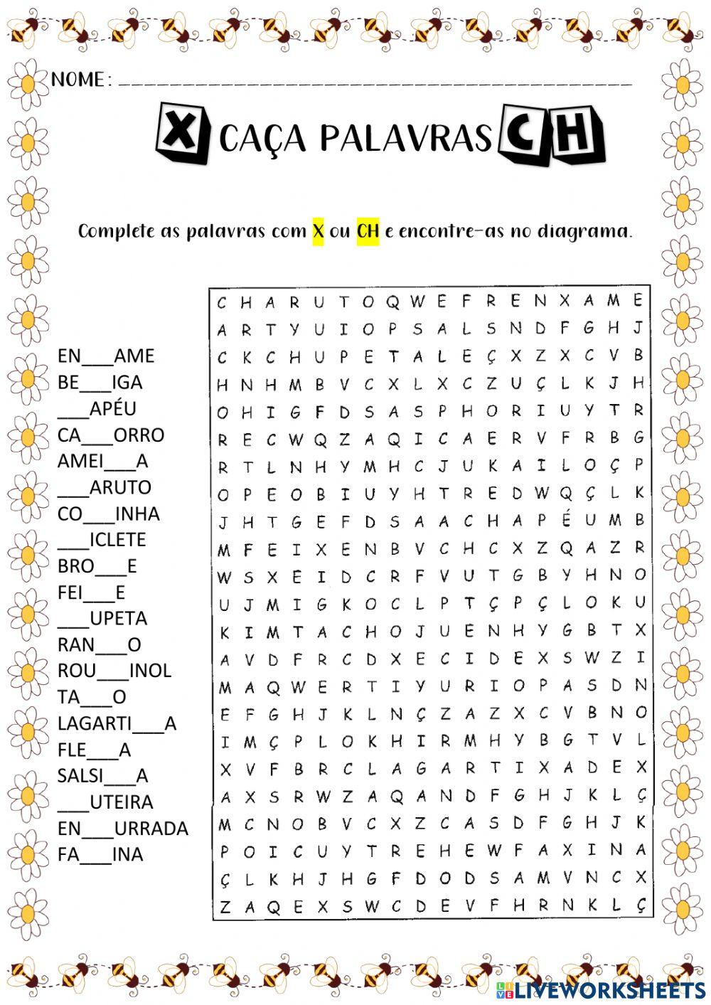 Caça palavras X ou CH interactive worksheet☢ Abra as portas da sorte ...