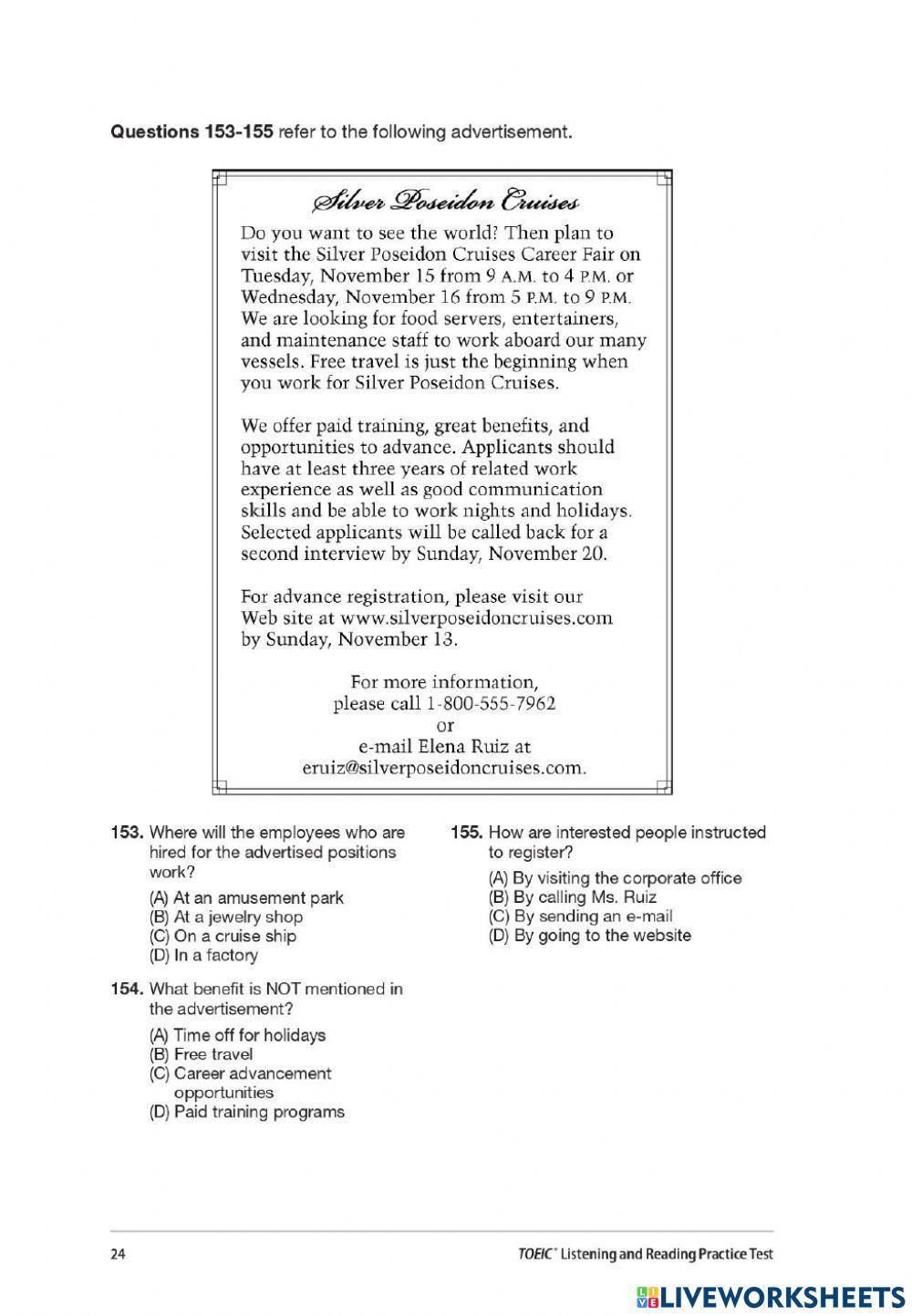 TOEIC Part 7-A | Free Interactive Worksheets | 2044204