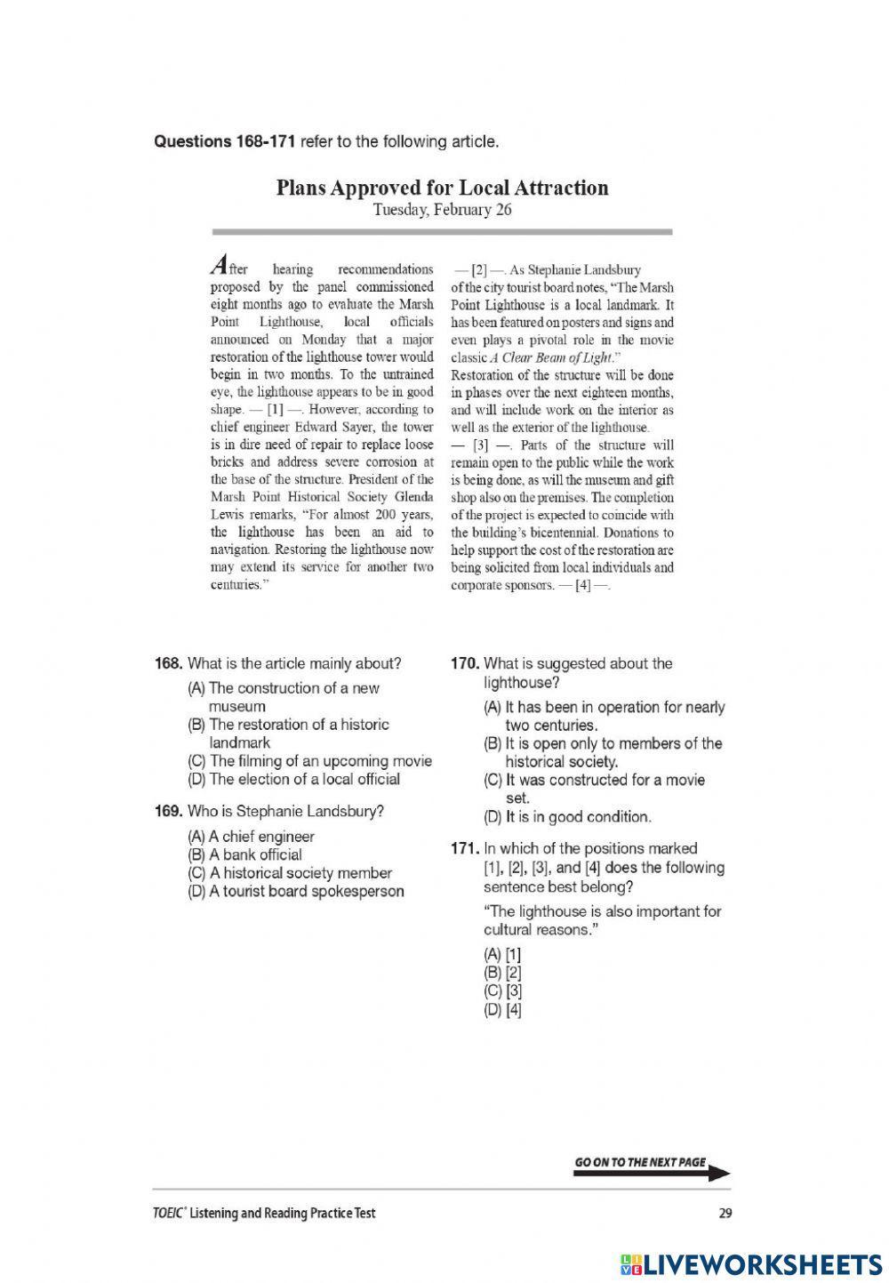 TOEIC Part 7-A | Free Interactive Worksheets | 2044204