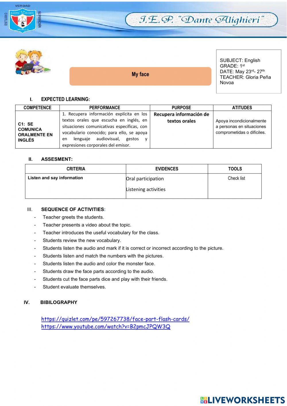 My face online exercise for 1ST | Live Worksheets