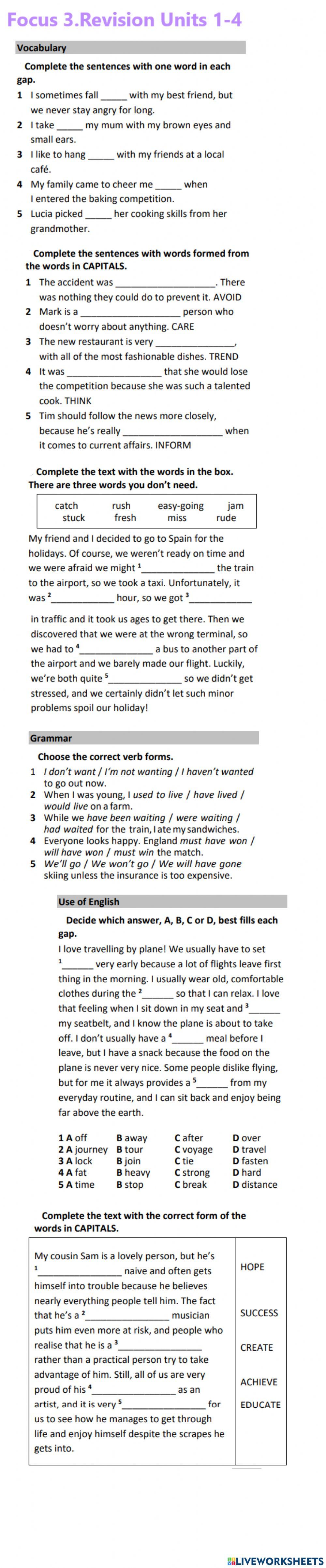 Focus 3. Unit revision 1-4 worksheet | Live Worksheets