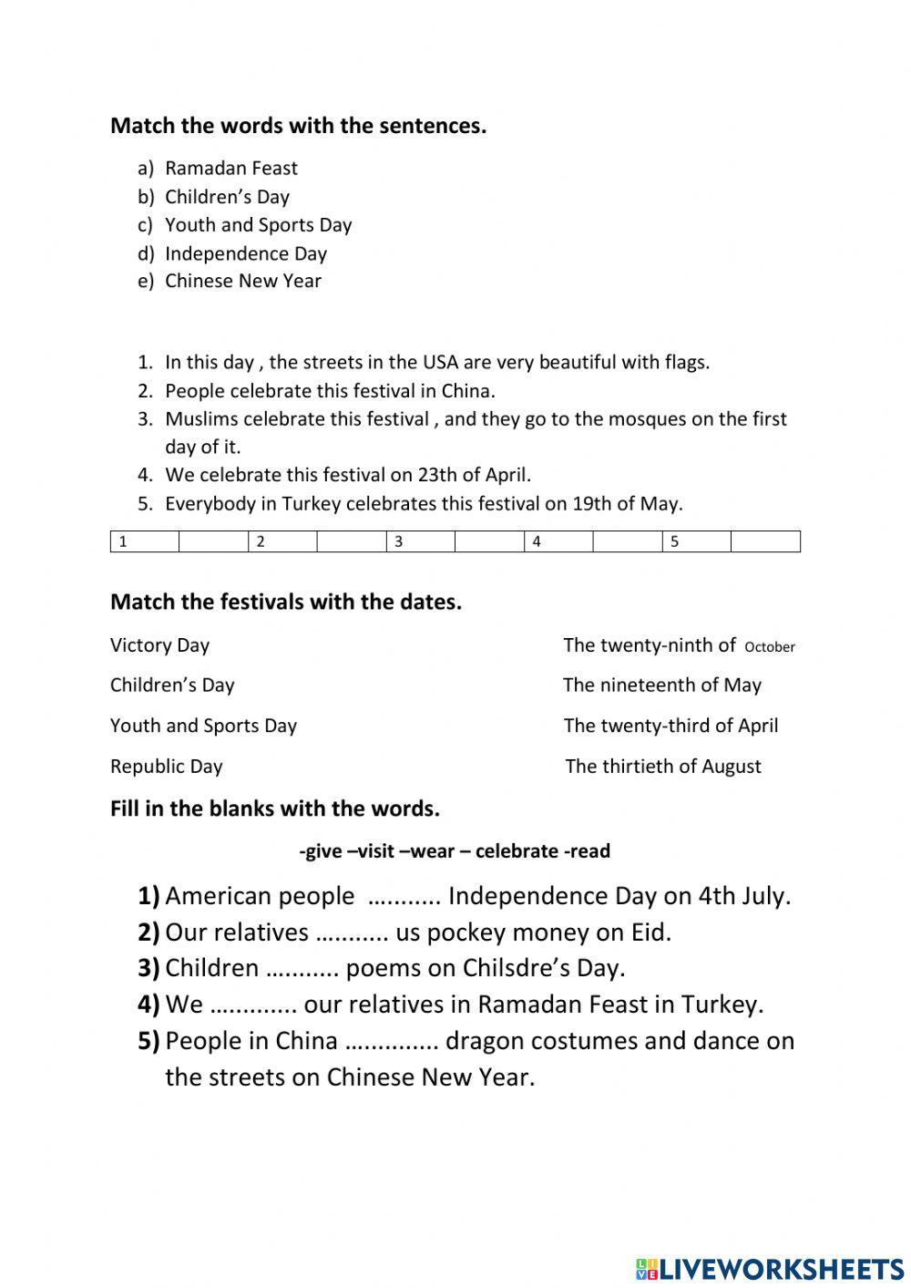 Festivals online exercise for 5 | Live Worksheets