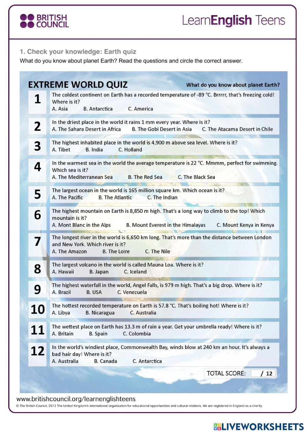 About the Earth interactive worksheet | Live Worksheets