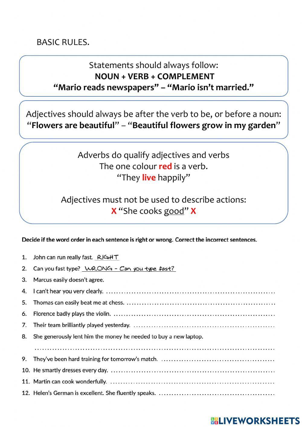 Verbs Order worksheet | Live Worksheets