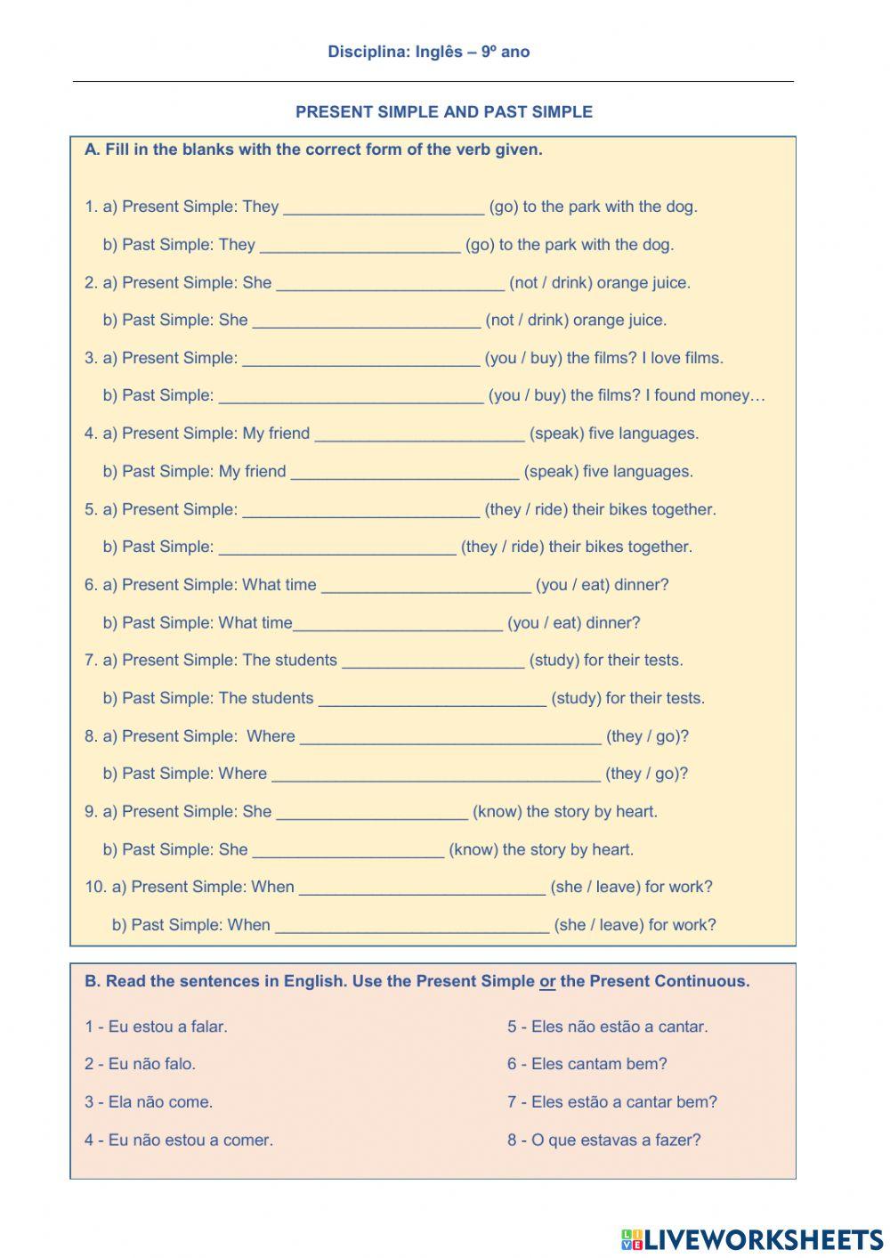 Present Simple - Present Continuous - Past Simple activity | Live ...