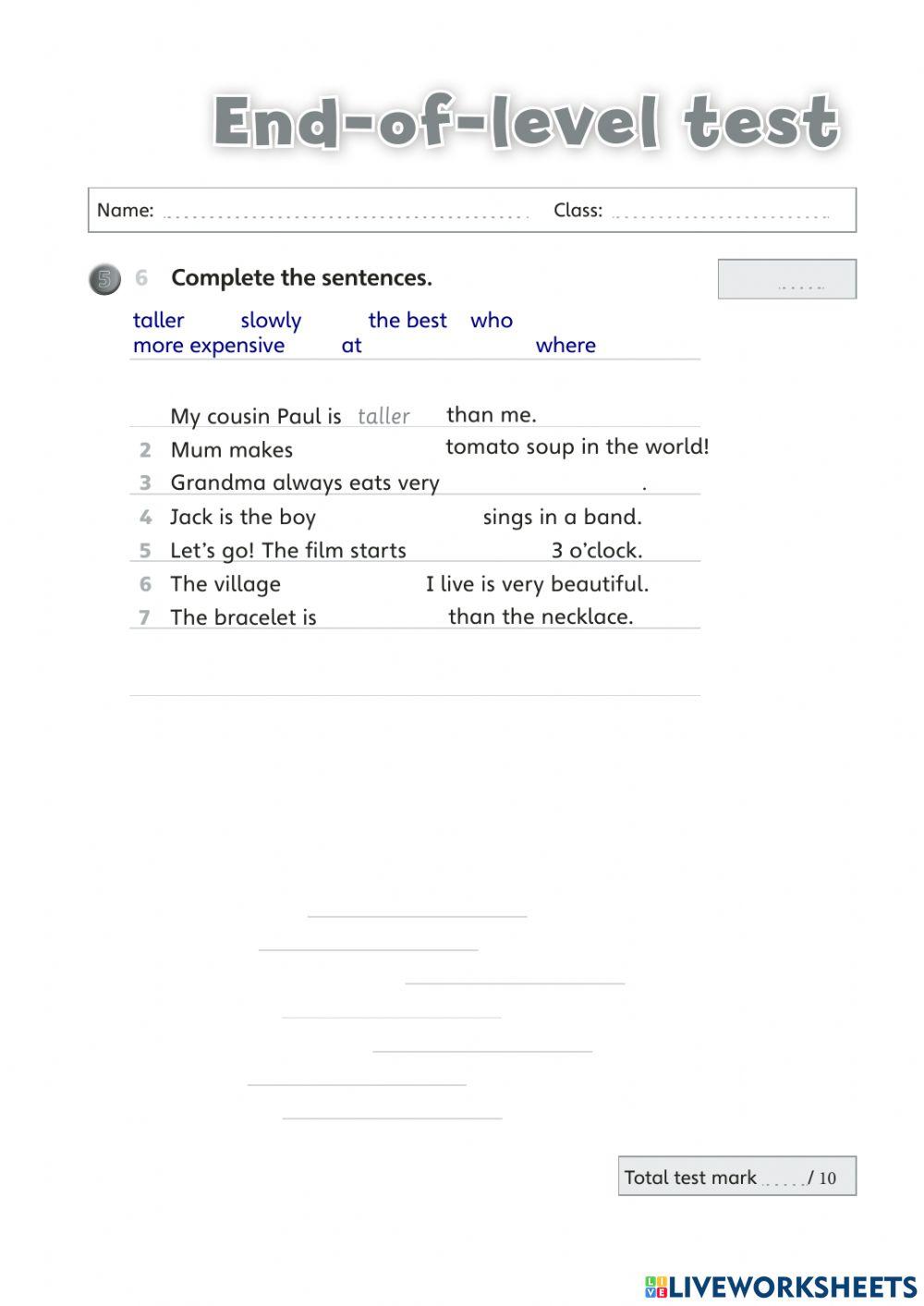 End-of-level-test online exercise for | Live Worksheets