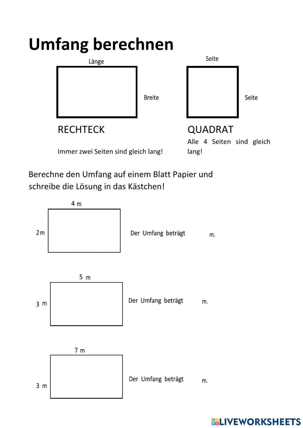 Umfang berechnen worksheet | Live Worksheets