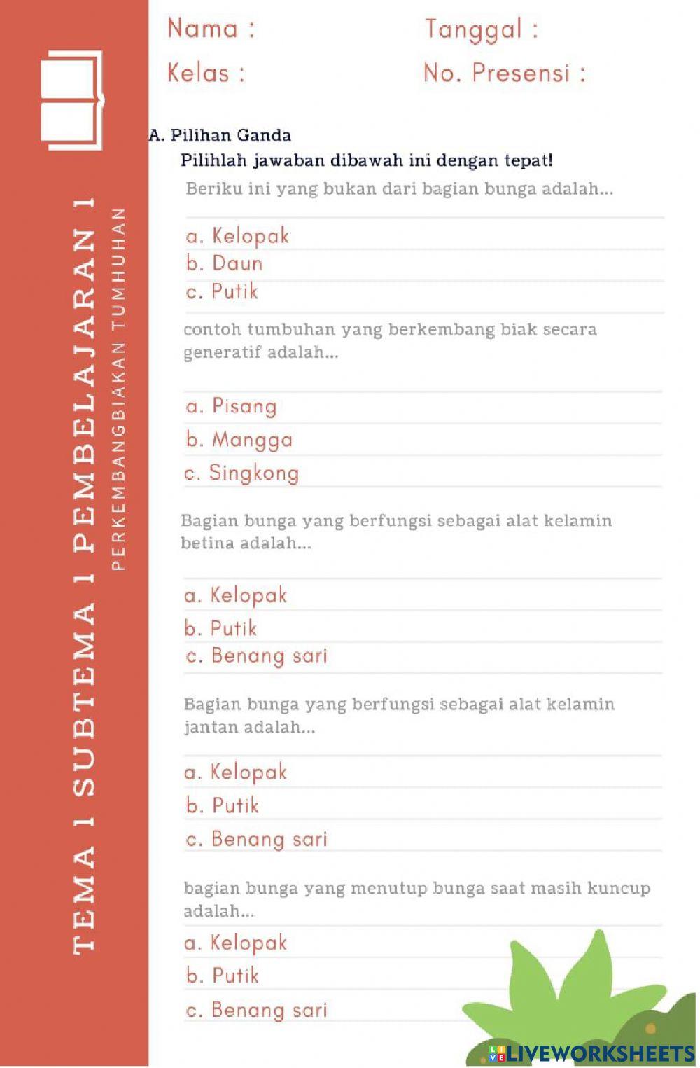 LKPD Kelas 6 tema 1 subtema 1 pembelajaran 1 activity | Live Worksheets