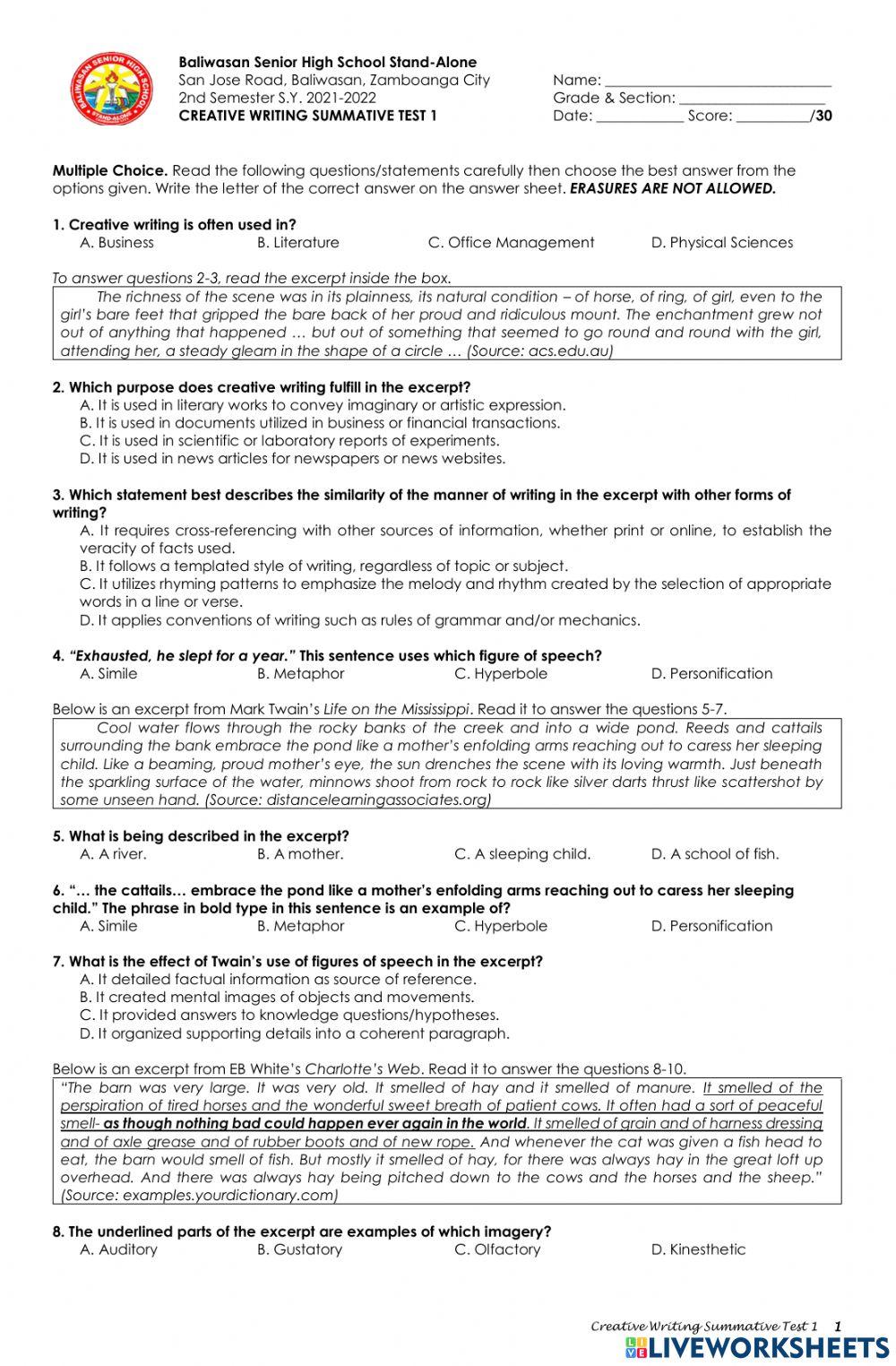 CREATIVE WRITING SUMMATIVE TEST 1 online exercise for | Live Worksheets