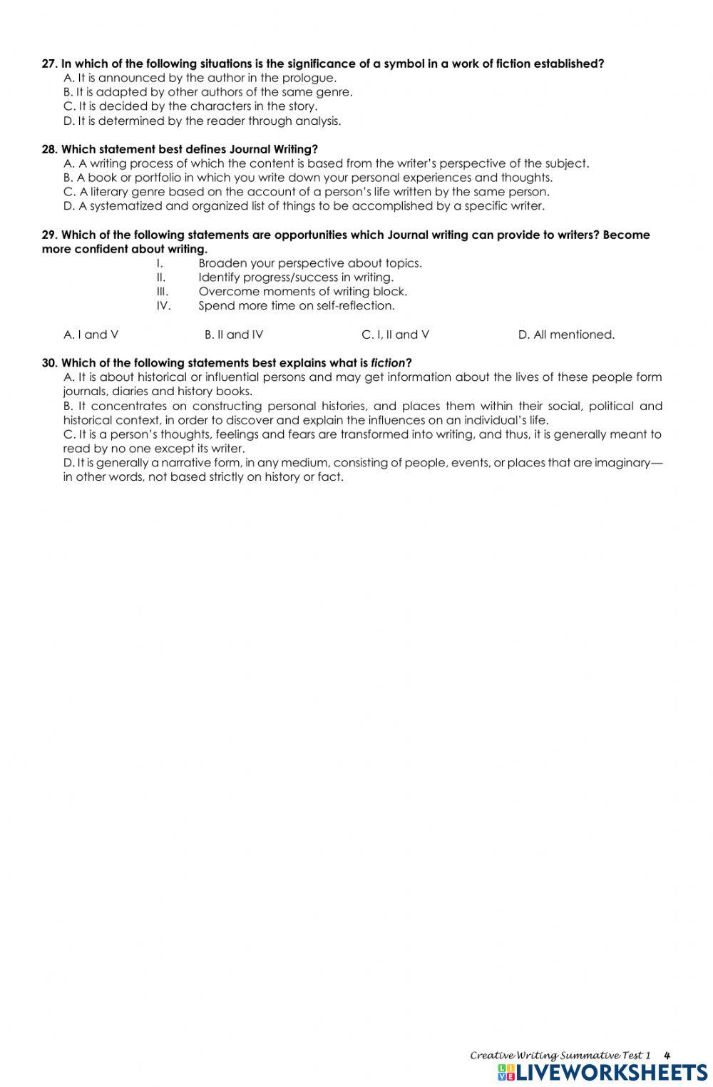 CREATIVE WRITING SUMMATIVE TEST 1 online exercise for | Live Worksheets