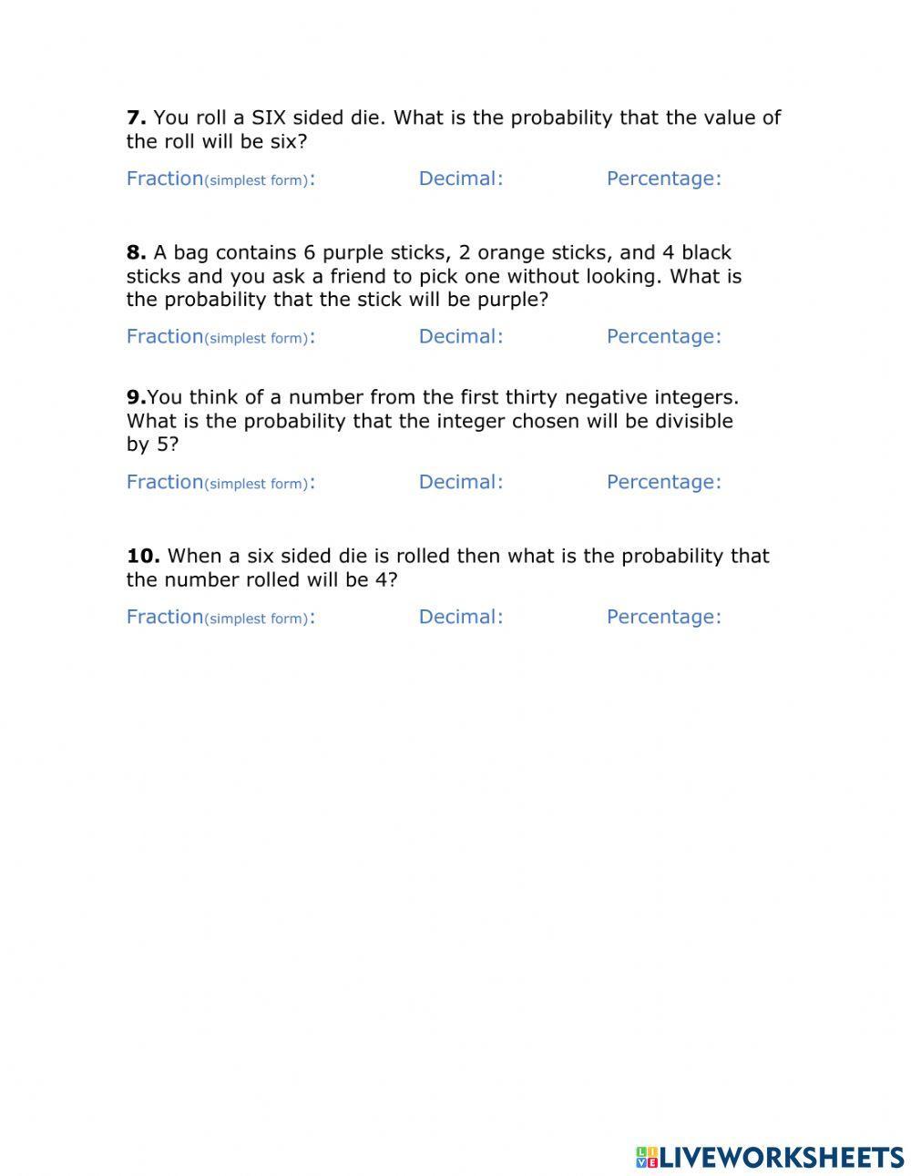 PROBABILITIES -… | Free Interactive Worksheets | 2049169